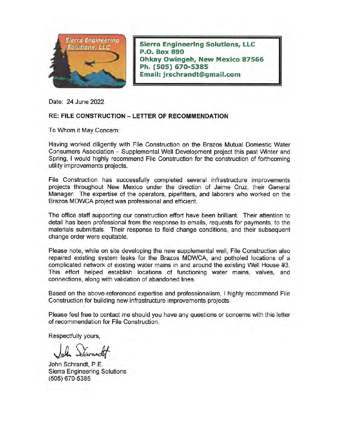 Sierra Engineering Letter of Reference | File Construction